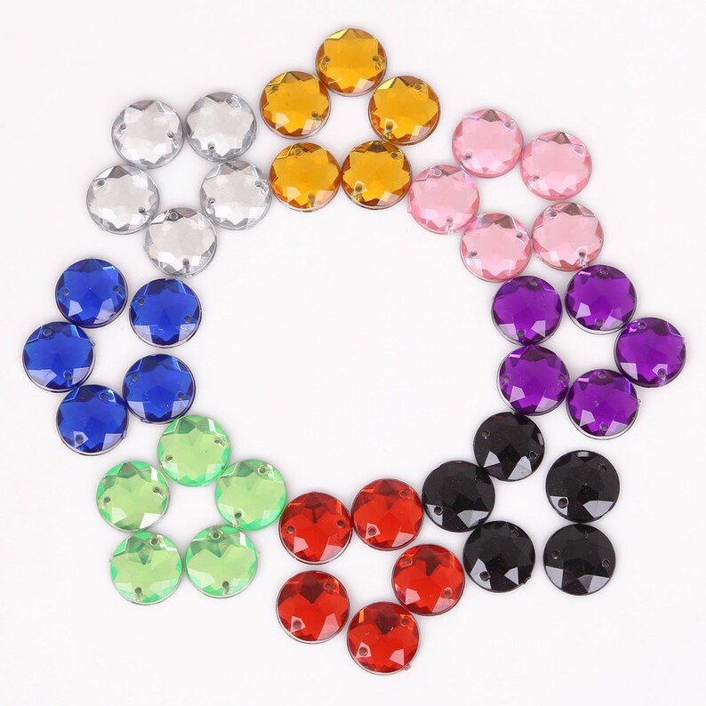 10 Colors Sew on Flat Back Acrylic Round Crystal Rhinestones - 14mm ...