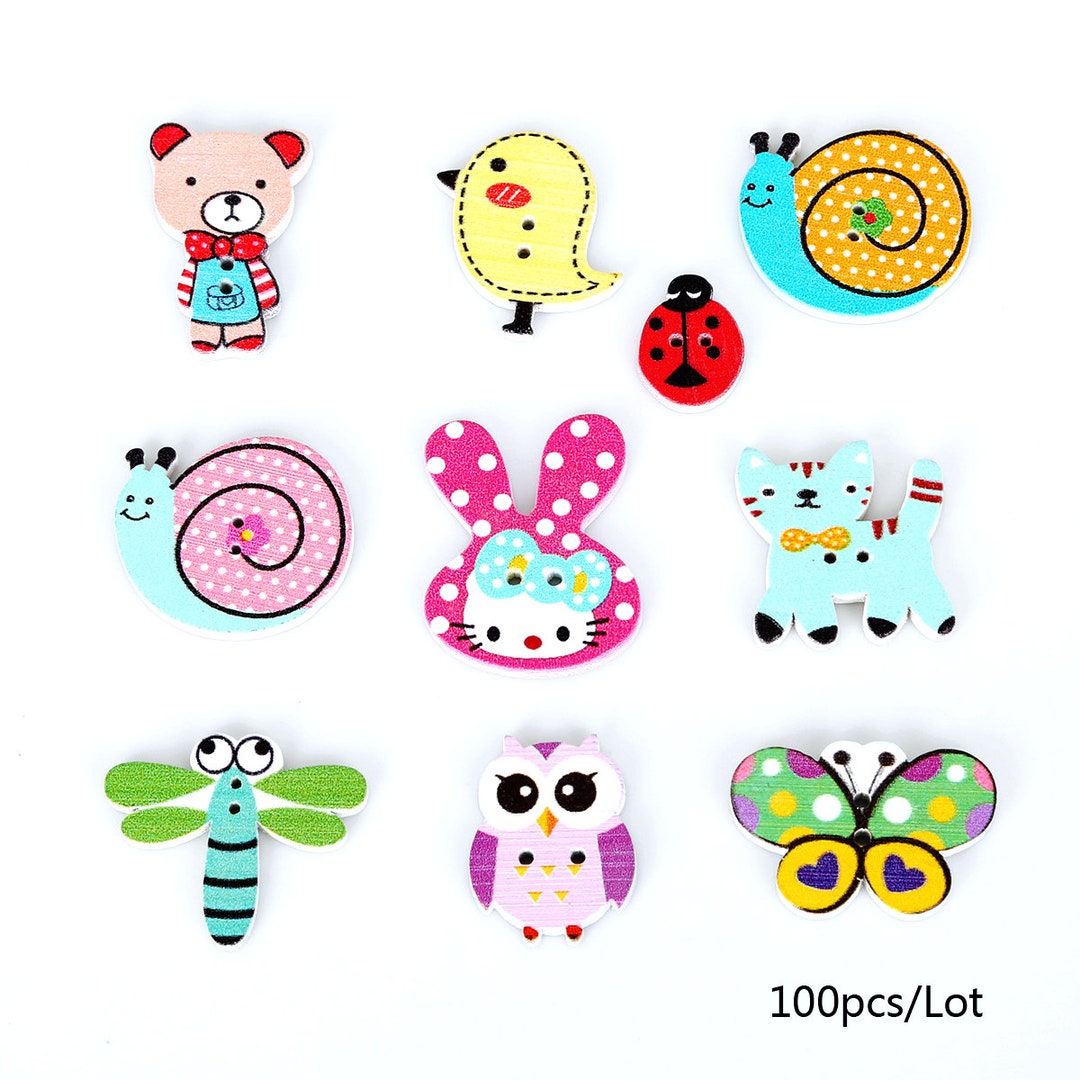 100pcs - Animal Theme Wooden Buttons - Two Hole Mix Animal Buttons ...