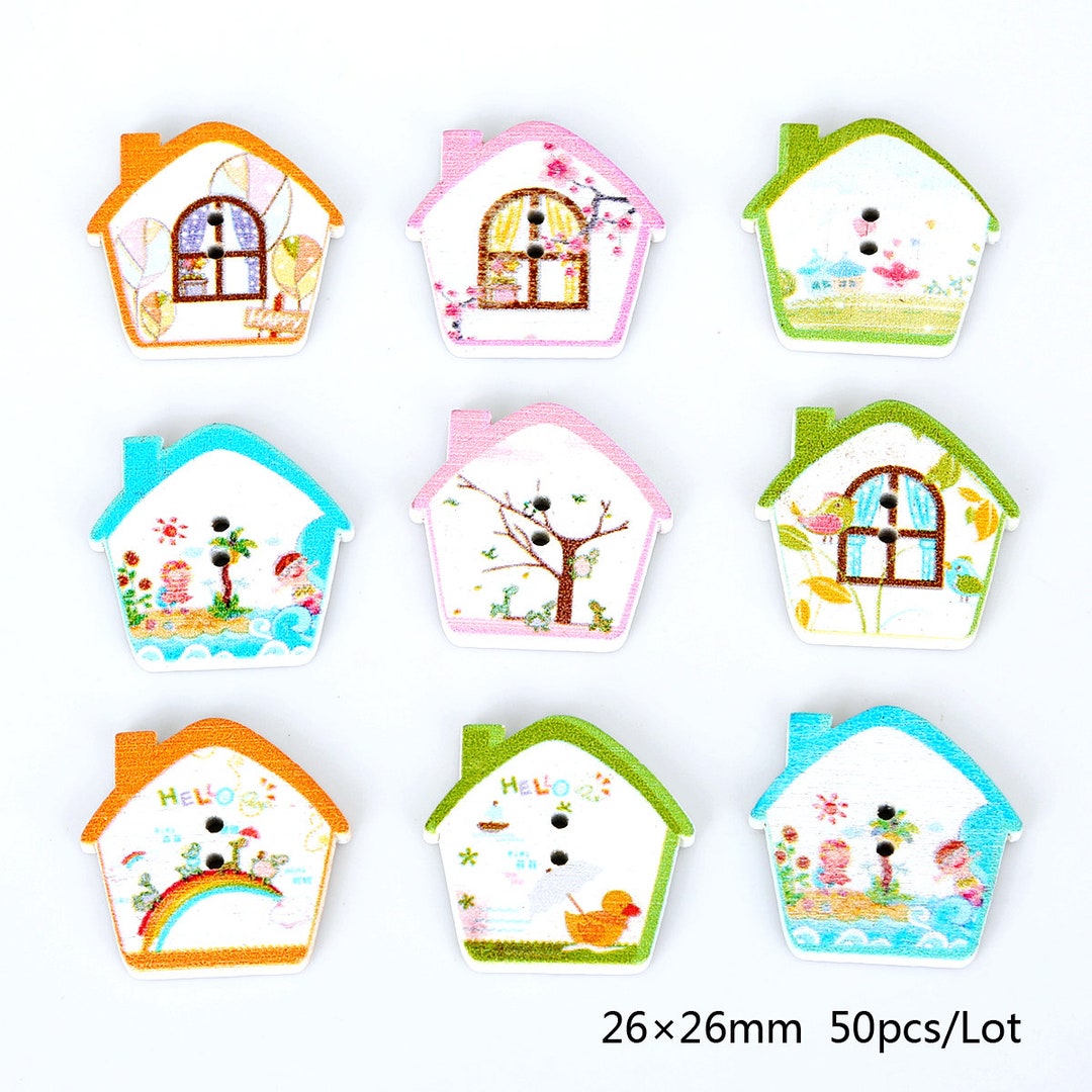 50pcs - House Theme Wooden Buttons - Two Hole Mix House Buttons - House ...