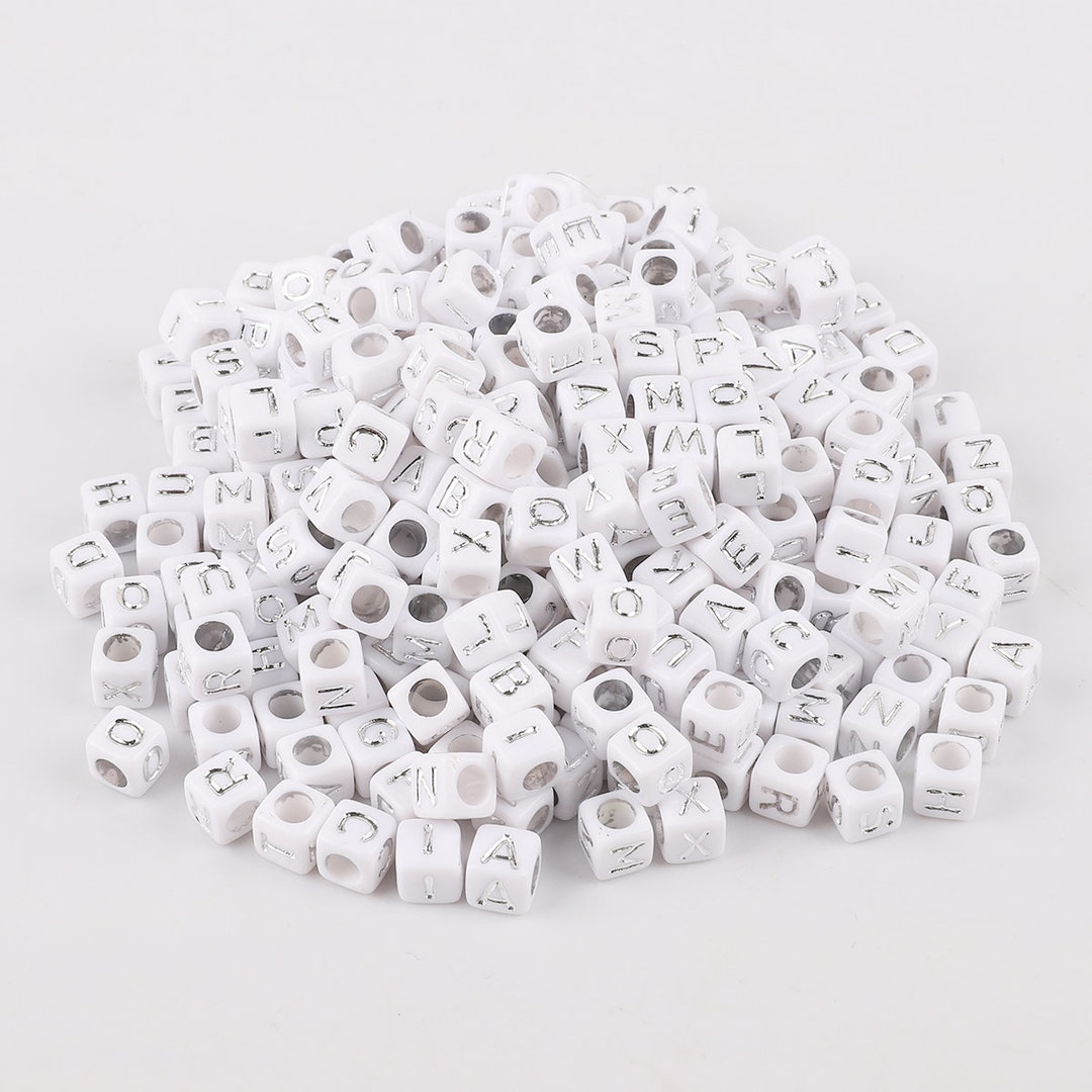 100 White With Silver Letter Cube Beads, Silver Alphabet Cube Beads ...