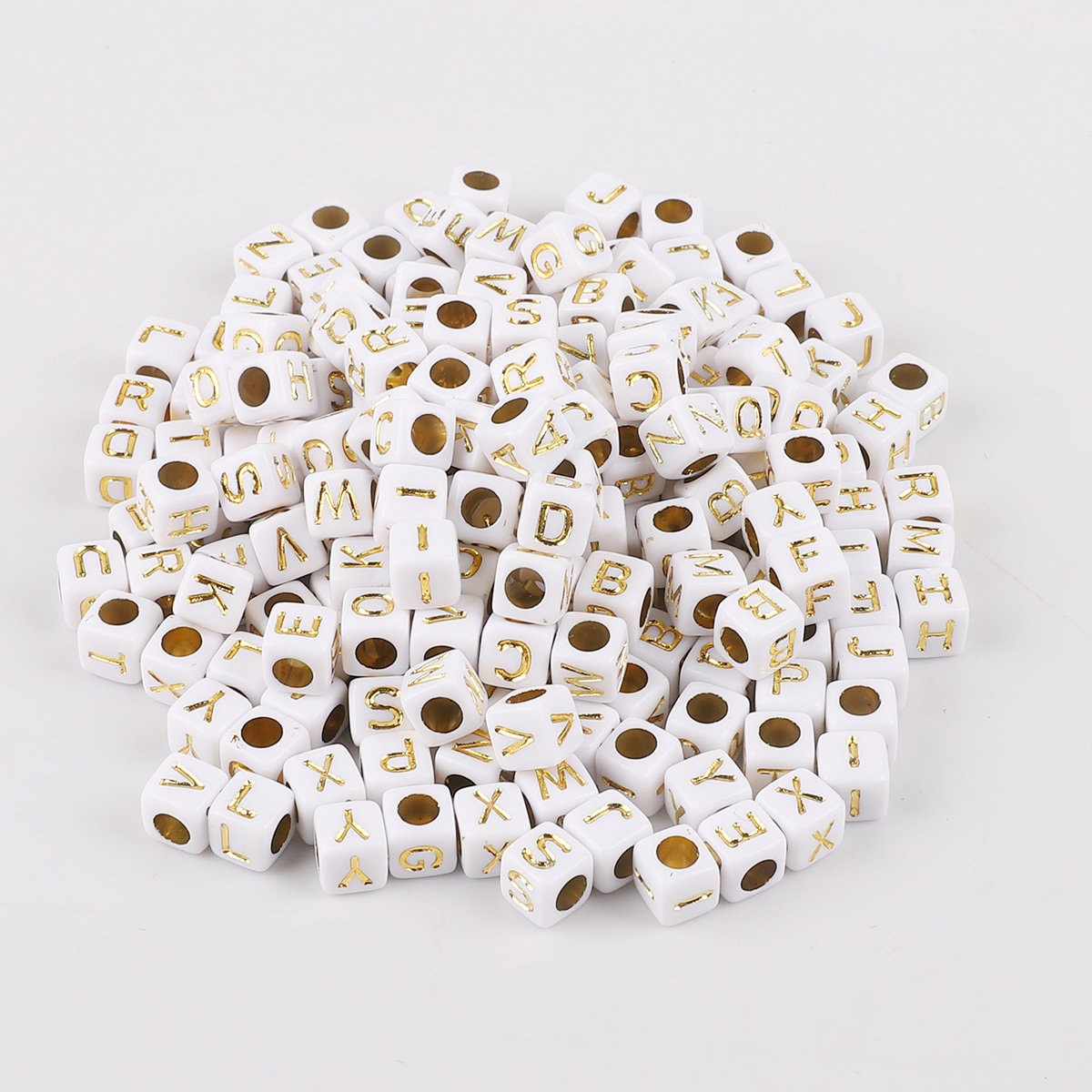 100 White With Gold Letter Cube Beads, White Alphabet Cube Beads, White ...