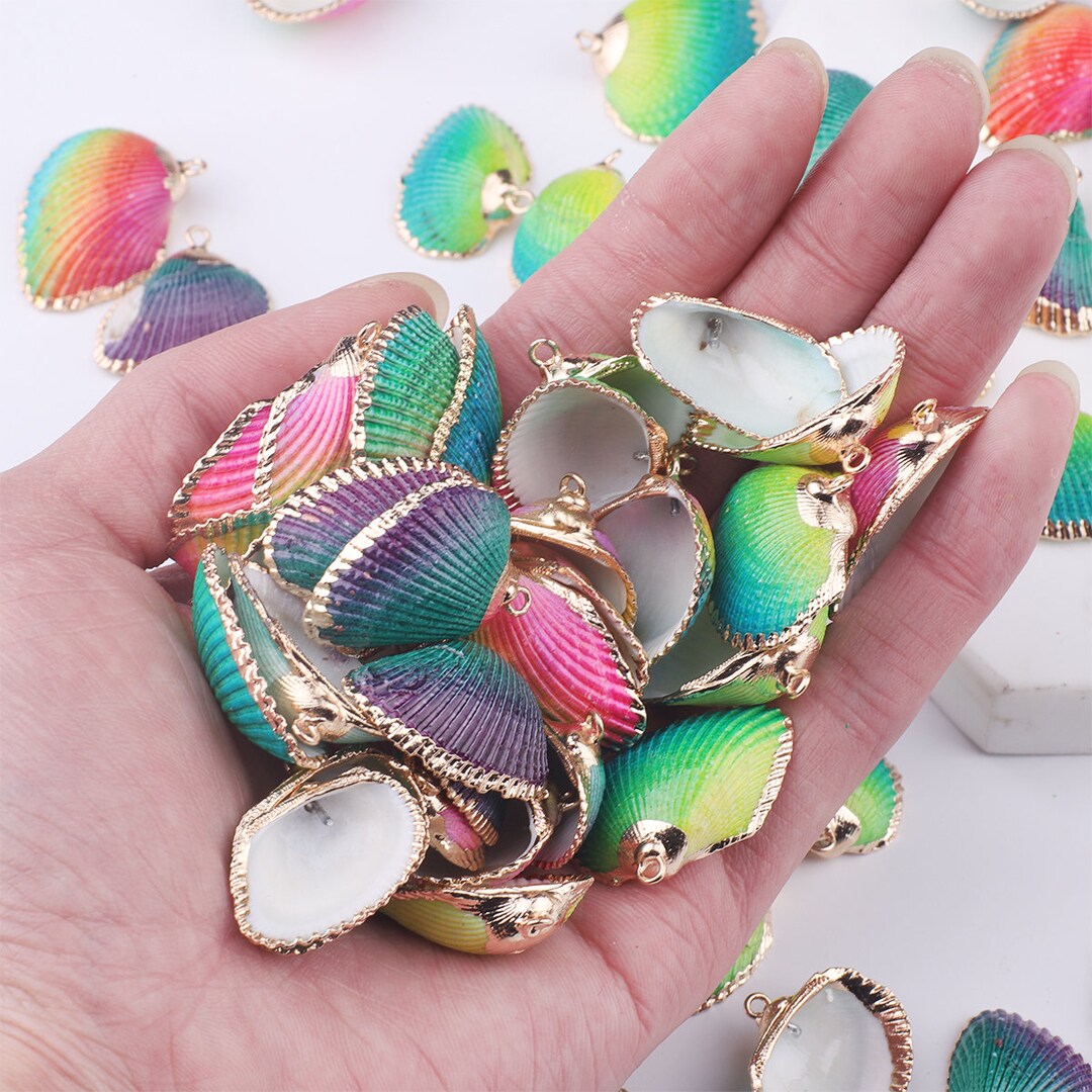 Rainbow Natural Seashell Charms - Gold Plated Shell Charms - Purple ...