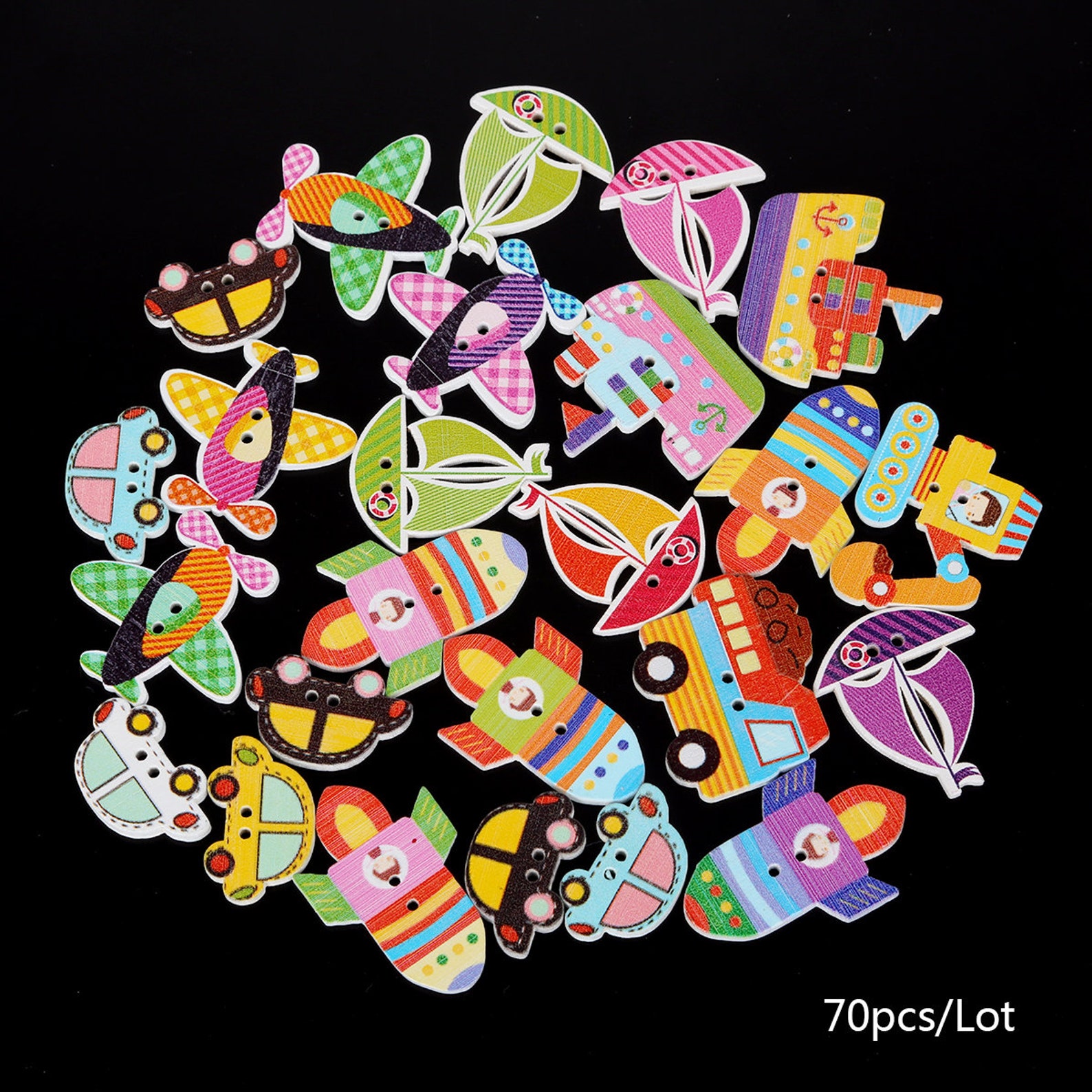 70pcs - Transport Theme Wooden Buttons - Two Hole Mix Transport Buttons ...