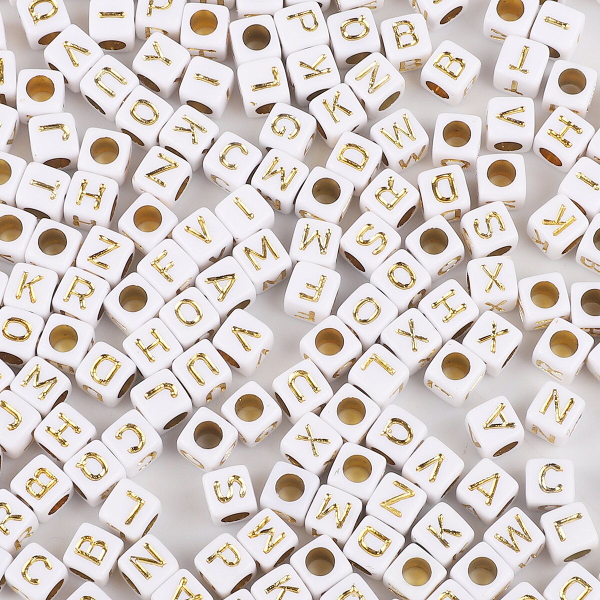 100 White With Gold Letter Cube Beads, White Alphabet Cube Beads, White ...