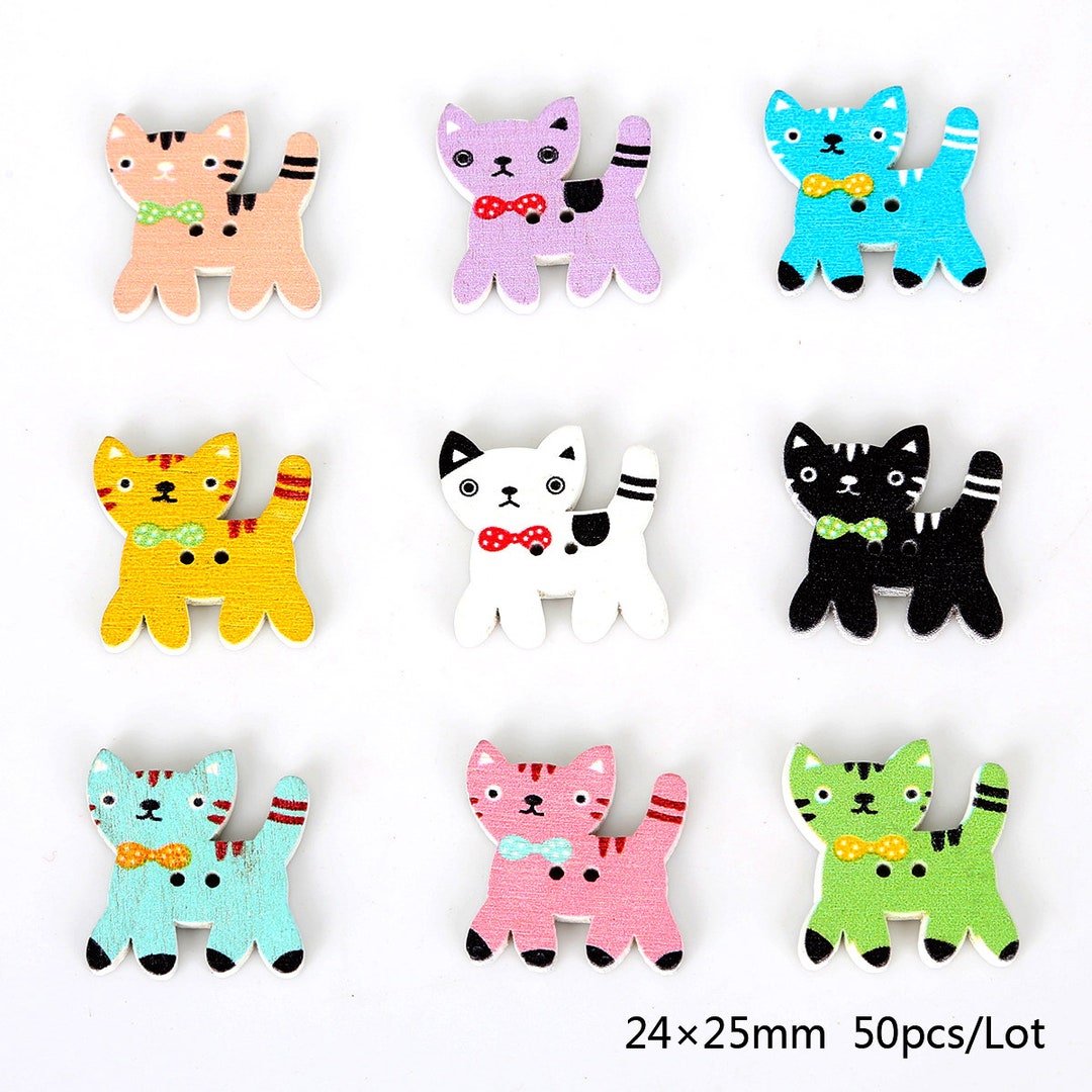 50pcs - Cat Theme Wooden Buttons - Two Hole Mix Cat Buttons - Cat ...