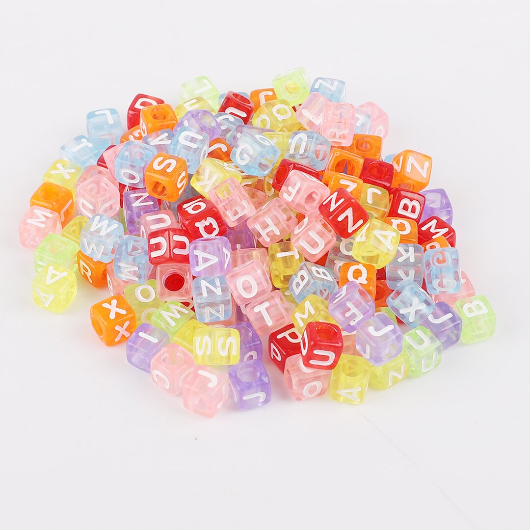 100 Transparent Rainbow Letter Cube Beads, Transparent Alphabet Cube ...