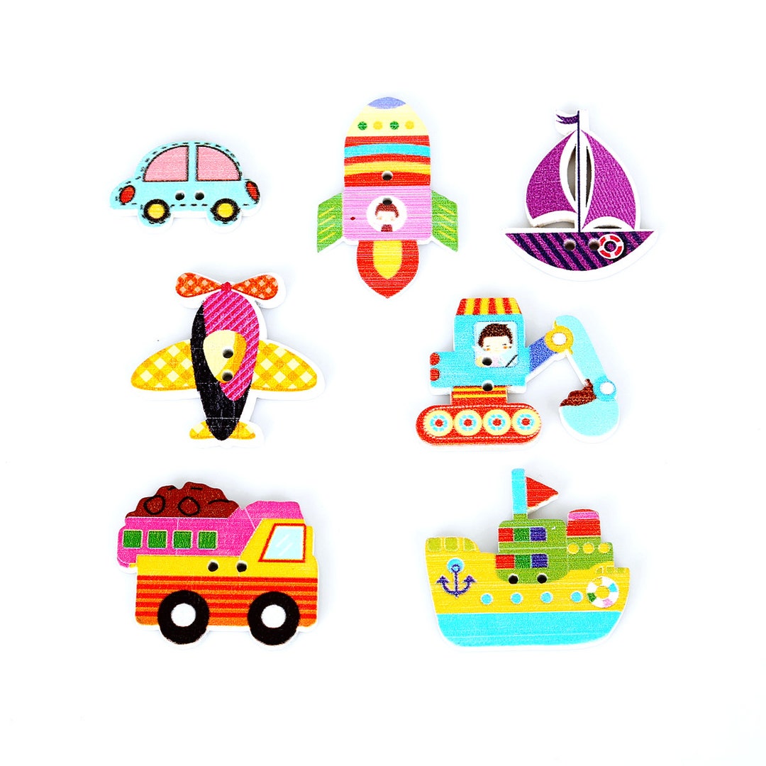 70pcs - Transport Theme Wooden Buttons - Two Hole Mix Transport Buttons ...