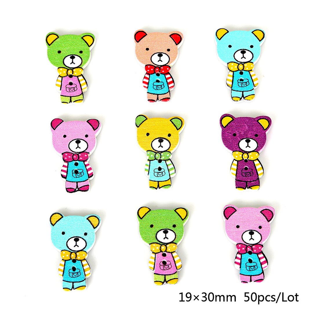 50pcs - Teddy Bear Theme Wooden Buttons - Two Hole Mix Teddy Bear ...