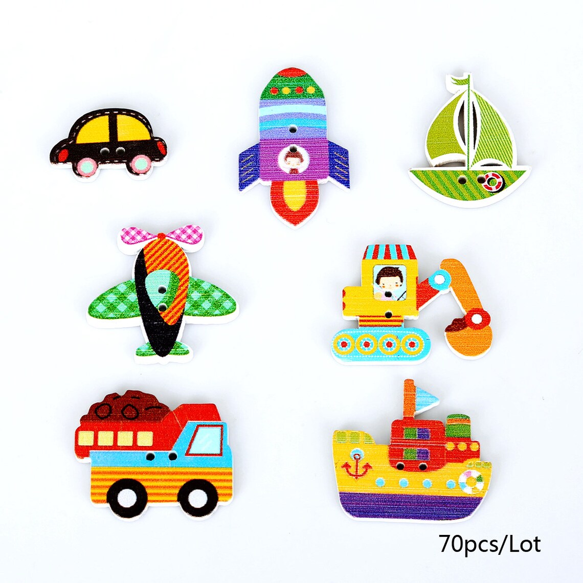 70pcs - Transport Theme Wooden Buttons - Two Hole Mix Transport Buttons ...