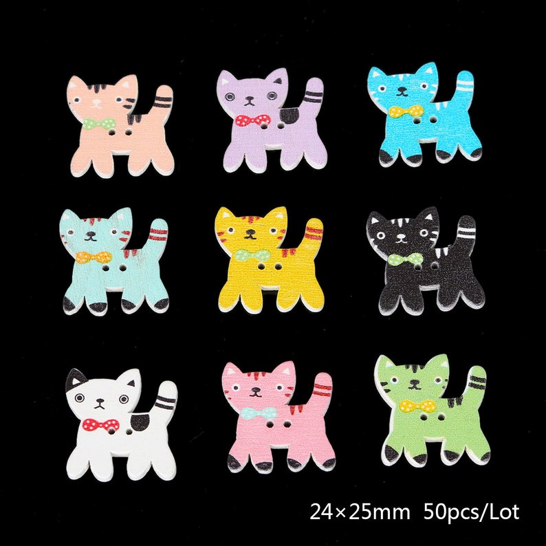 50pcs Cat Theme Wooden Buttons Two Hole Mix Cat Buttons - Etsy