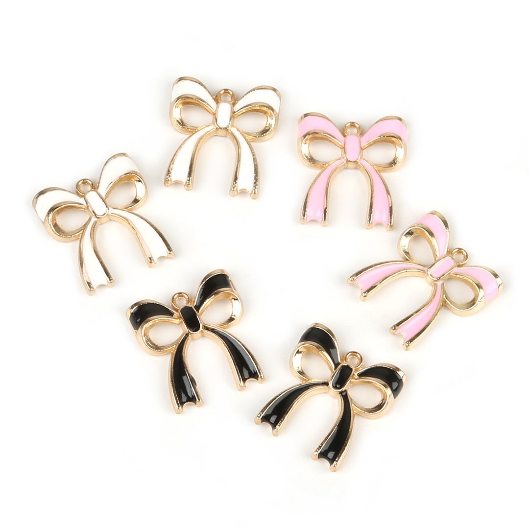 10 Enamel Gold Ribbon Bow Charm | Ribbon Earring Pendant | Pink Small ...