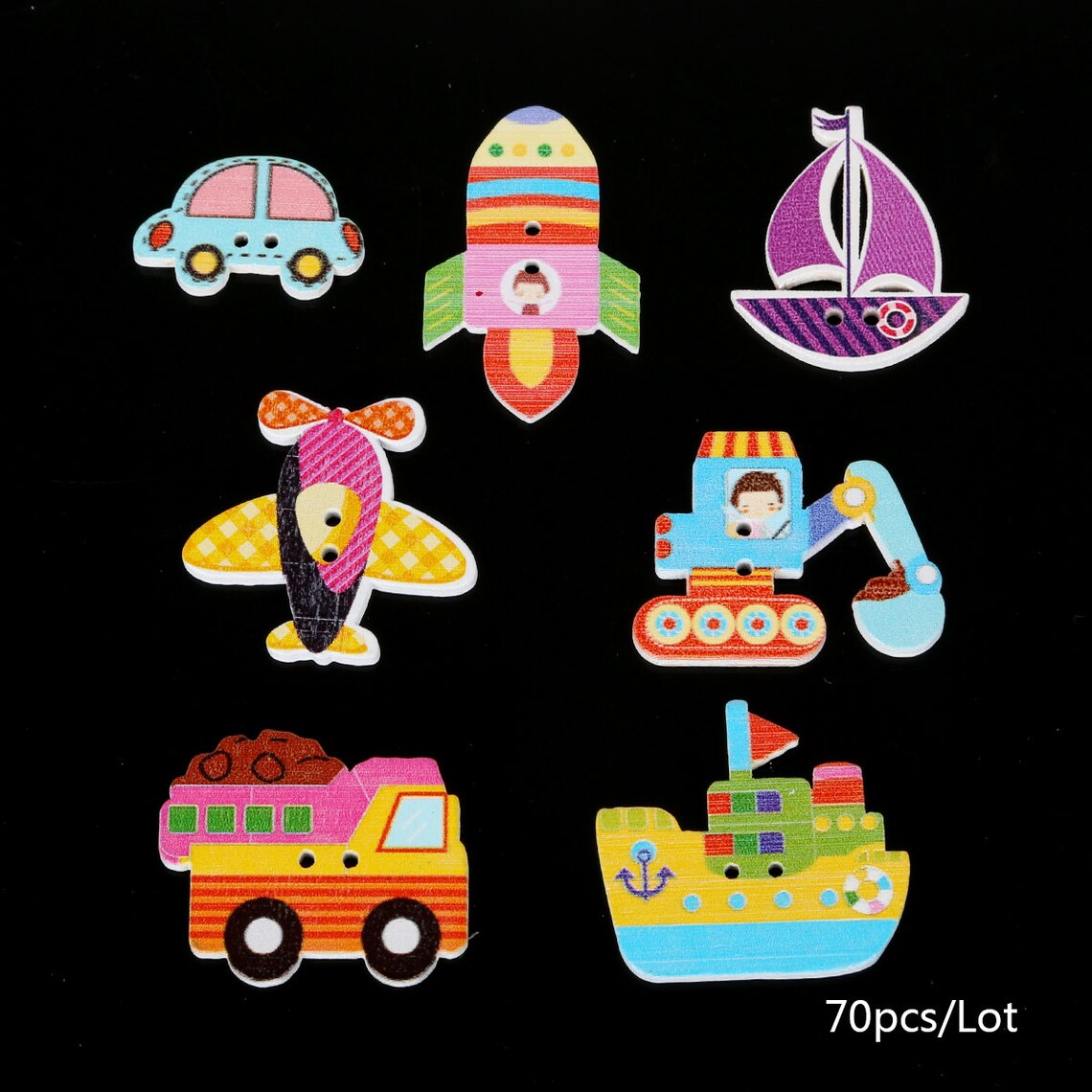 70pcs - Transport Theme Wooden Buttons - Two Hole Mix Transport Buttons ...