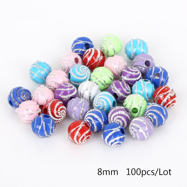 100 Rainbow Assorted Swirl Acrylic Beads 8mm - Metallic Silver Bling ...
