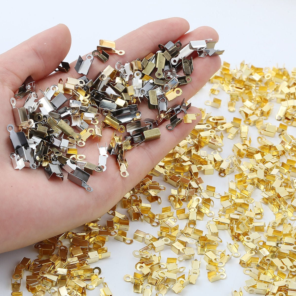 200 Pcs Fold Over Cord Crimp Ends With Loop - 3 SIZES - Gold Crimp ...