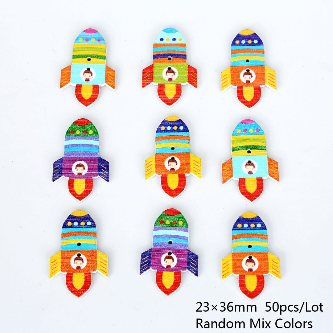 50pcs - Rocket Theme Wooden Buttons - Two Hole Mix Rocket Buttons ...