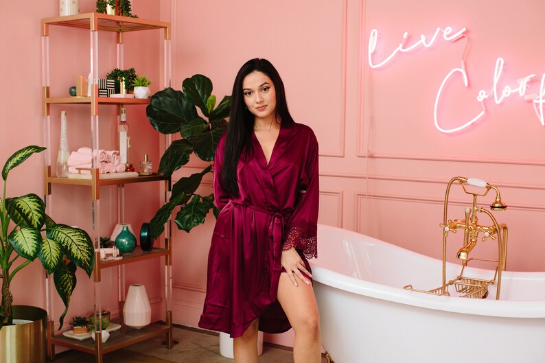 Burgundy Robe Lace Robe Satin Robe Wedding Robe Bridesmaid - Etsy