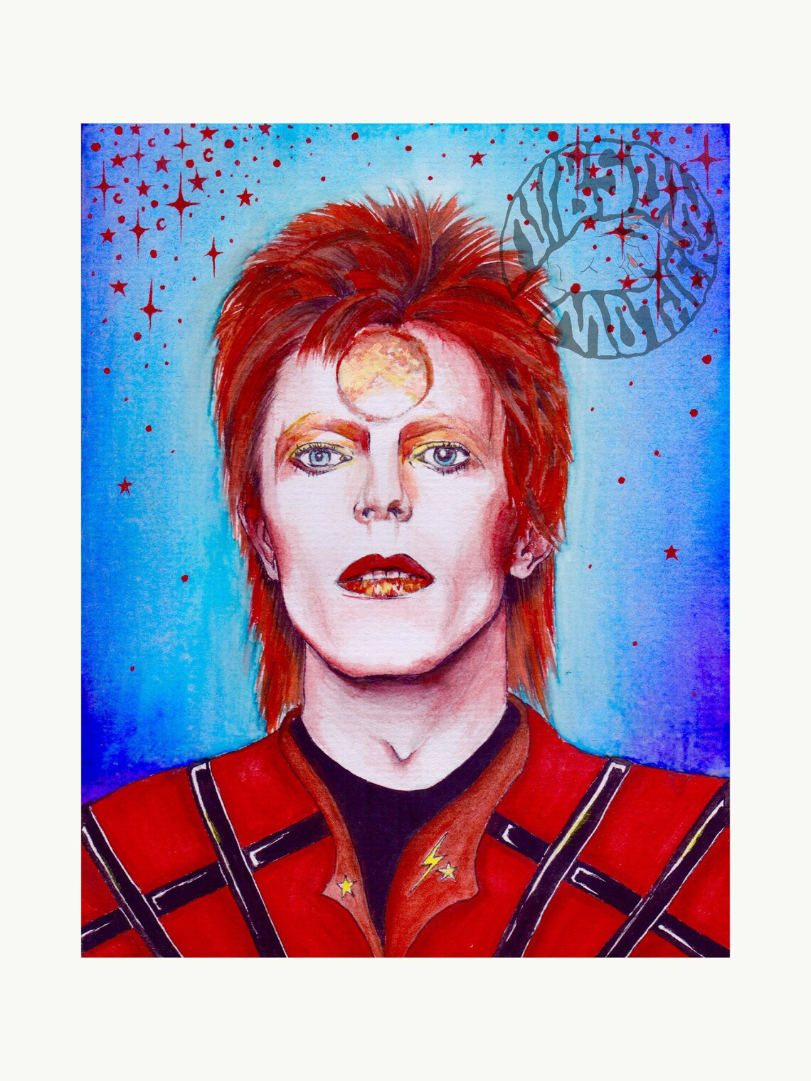 David Bowie Watercolor Portrait Ziggy Stardust Psychedelic | Etsy