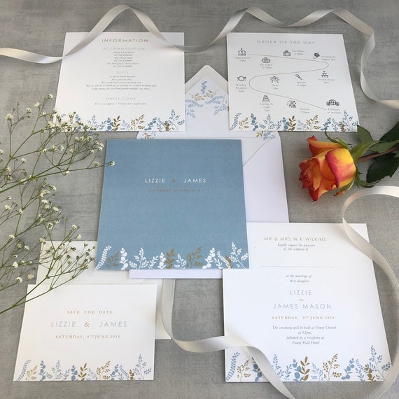 Luxury Square Wedding Invitation Elegant Blue Gold Floral | Etsy