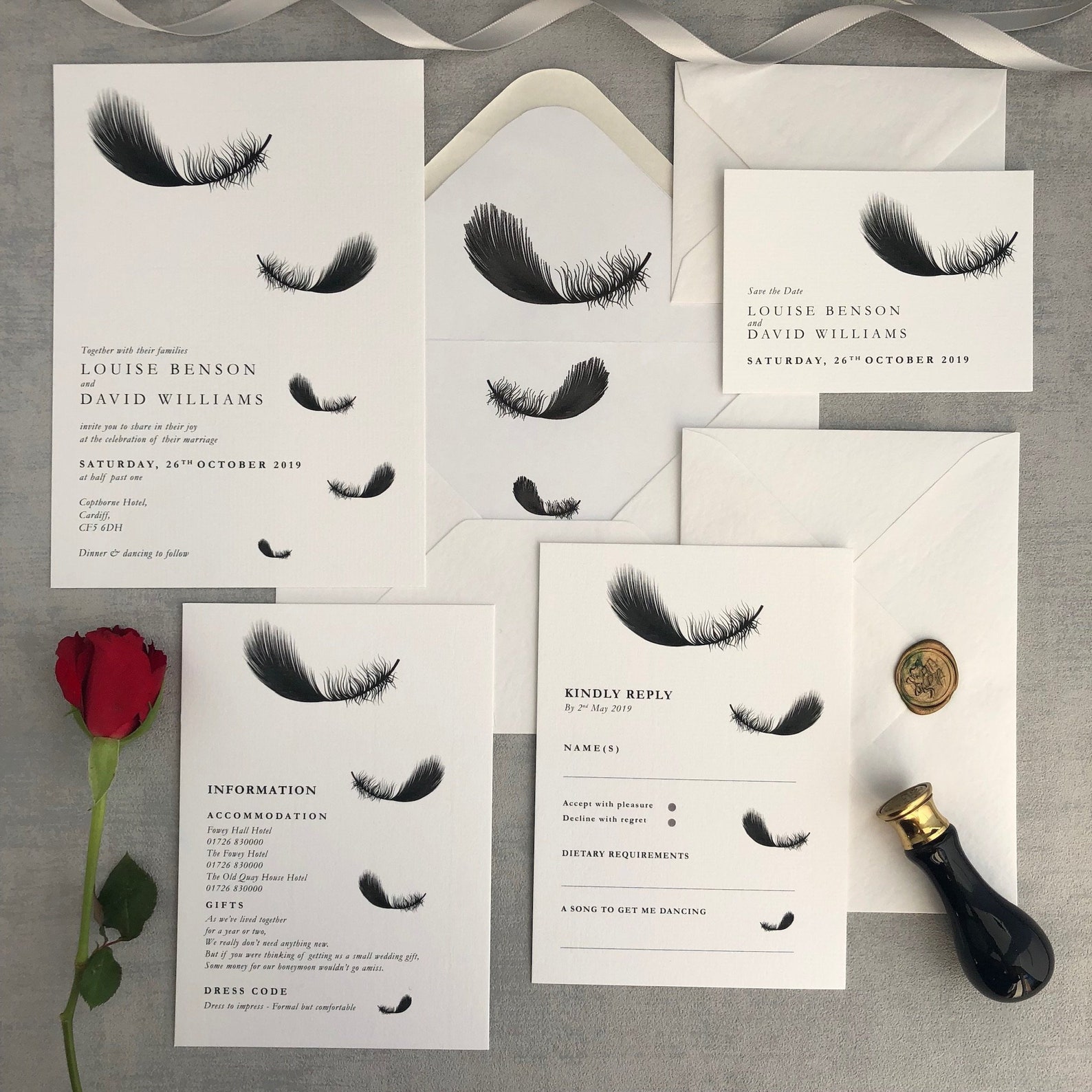 Falling Feather Wedding Invitation Luxury Flat Wedding - Etsy