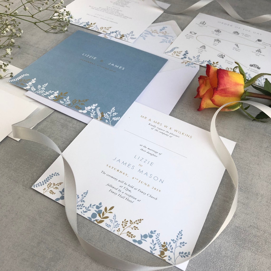 Luxury Square Wedding Invitation Elegant Blue Gold Floral | Etsy