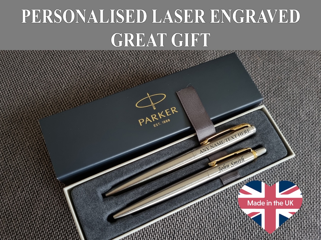 Personalised Engraved Parker Jotter Pen or Set Fountain Pen Stainless Steel Gold Trim Gift Box ...