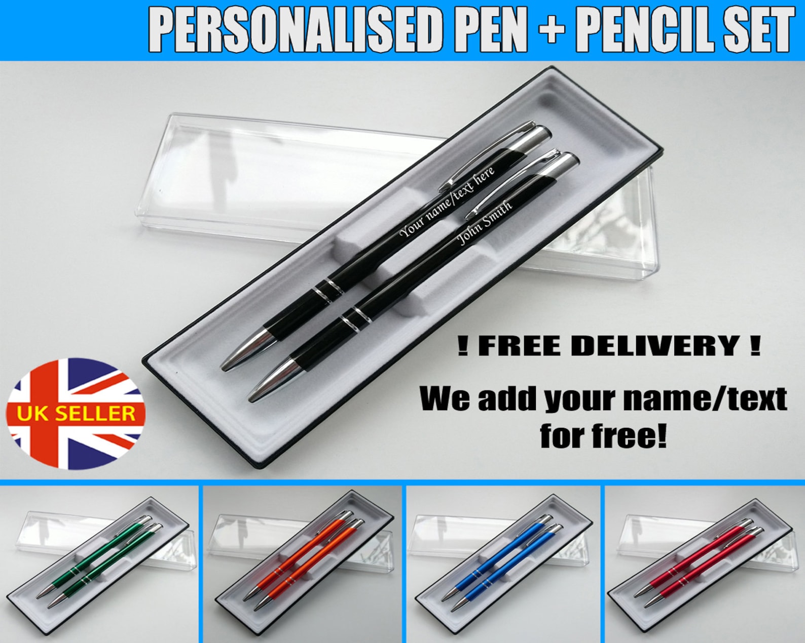 Personalised Pen Set, Metal Ballpoint Pen + Pencil Laser Engraved With ...