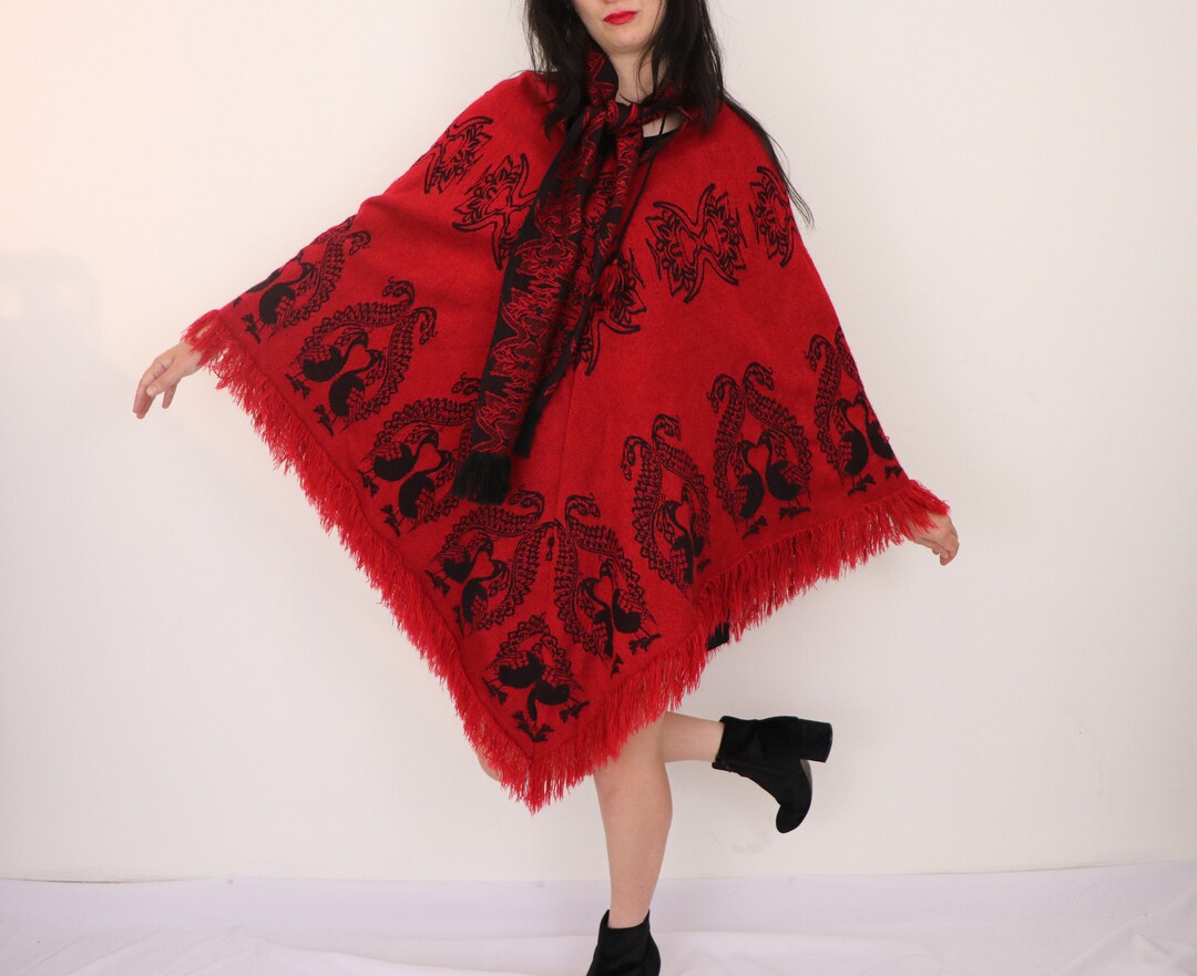 SALE Vintage Knit Poncho/ 1960's Black and Red Poncho/ Peacock Print ...