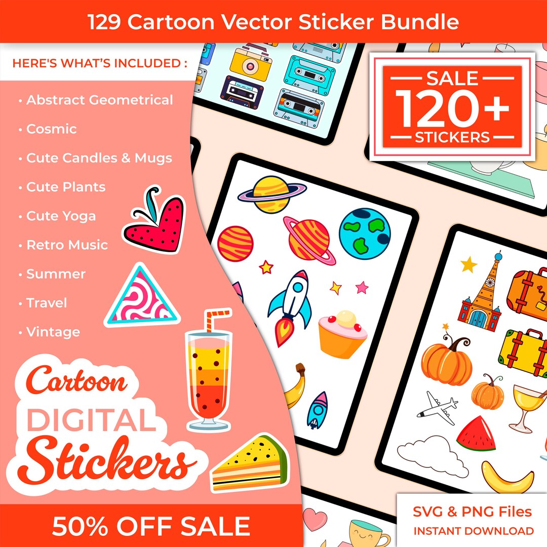 129 Cartoon Vector Sticker Bundle SVG & PNG Files, 9 A4 Pre-cropped ...