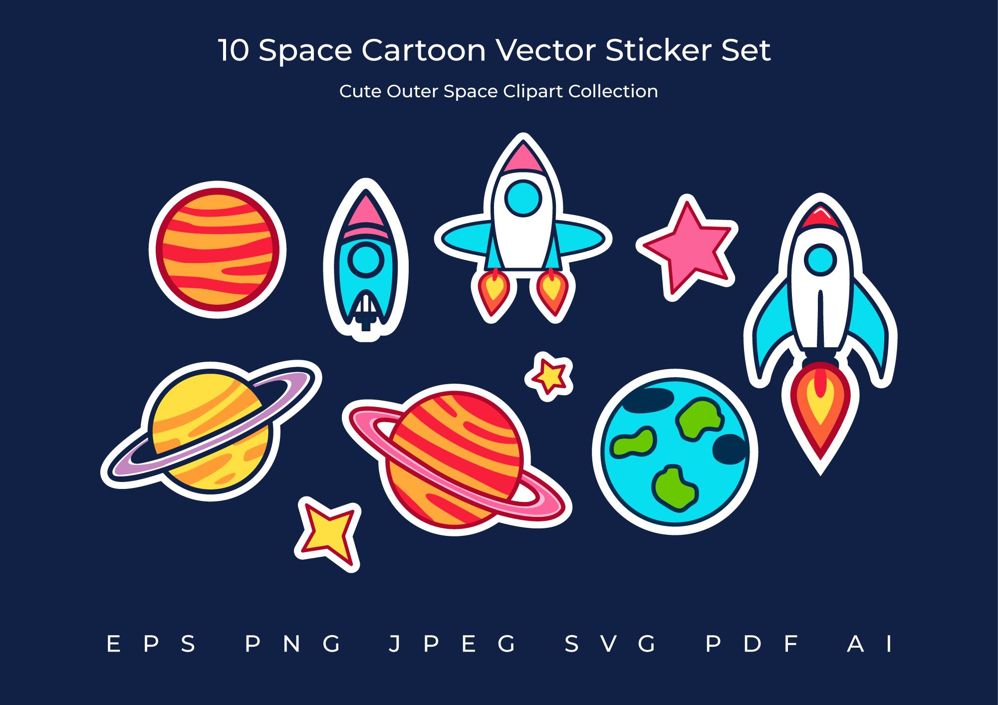 10 Space Cartoon Vector Sticker Set Cute Outer Space Clipart Collection ...