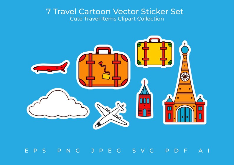 7 Travel Cartoon Vector Sticker Set Cute Travel Items Clipart ...