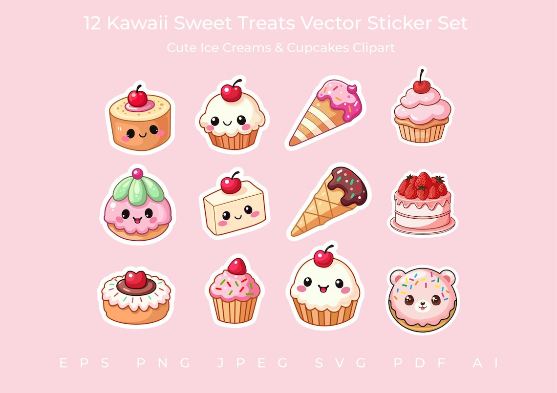12 Kawaii Sweet Treats Vector Sticker Set Svg and Png, Precropped Sticker Sheets Printable PDF ...
