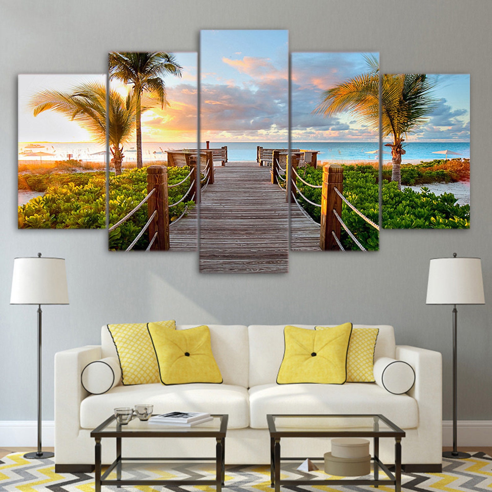 5 Panels Coast Board Walk Palms Beach Modular Pictures Framework Canvas ...