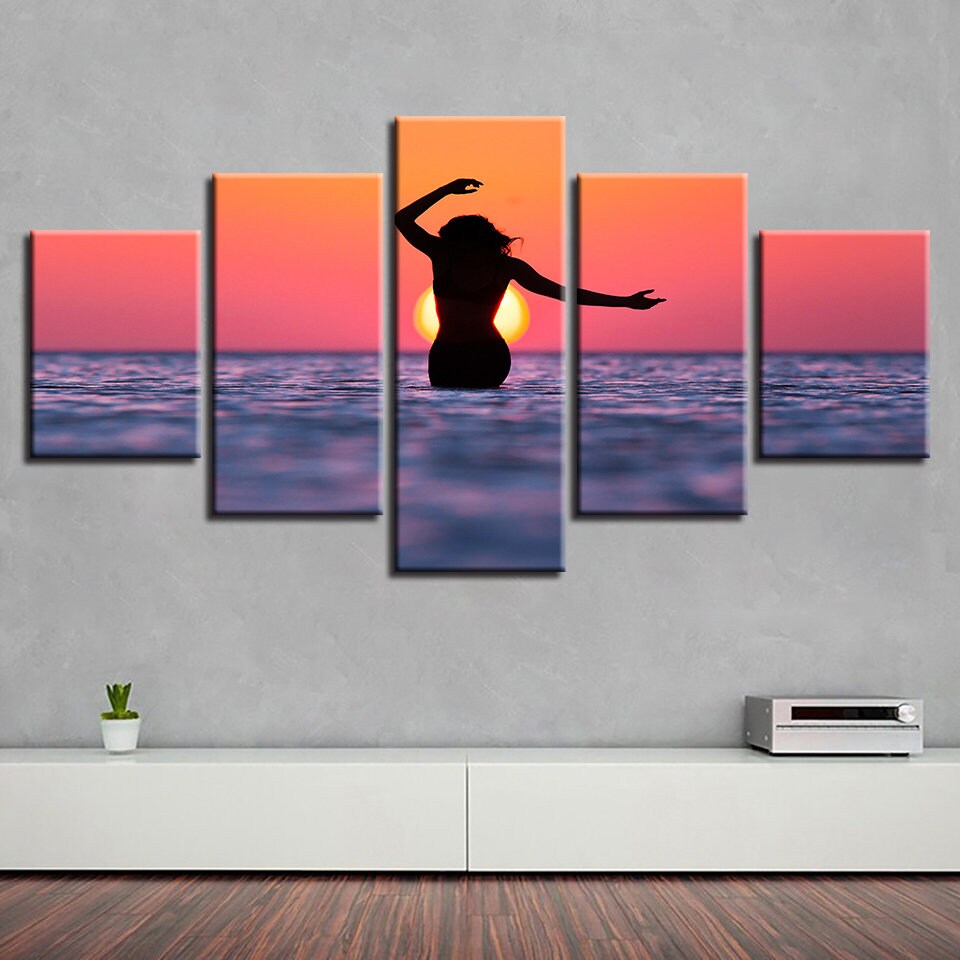 Sea Sunset Girl Landscape 5 Panels Canvas Print Wall Arthd - Etsy