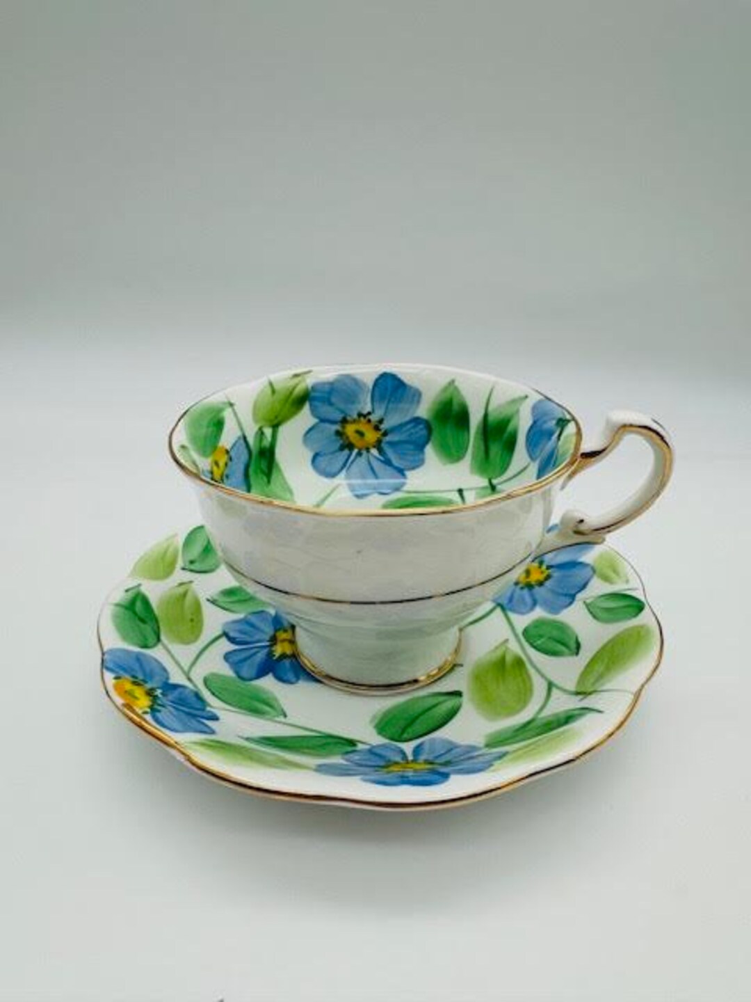 Hand-painted Vintage Teacup and Saucer Set - Blue Daisies - Made in ...