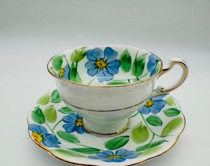 Hand-painted Vintage Teacup and Saucer Set - Blue Daisies - Made in ...