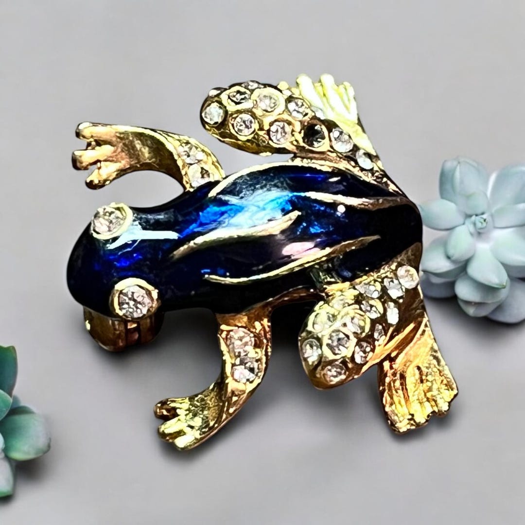 Vintage Enamel Gold Tone Blue Frog Pin, Rhinestone Frog Pin Brooch, Leaping Frog Pin - Damaged ...
