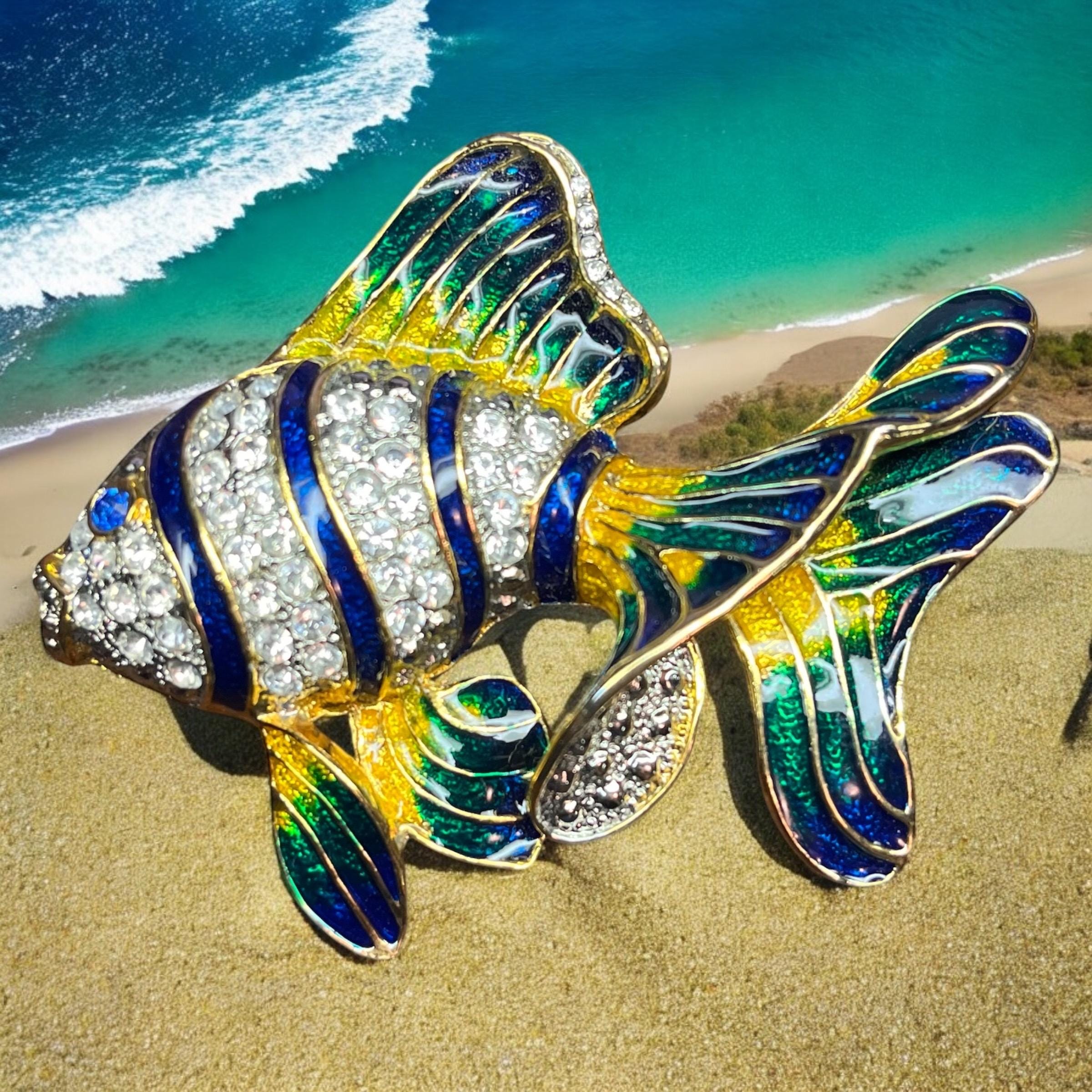 Vintage Gold Tone Enameled Rhinestone Koi Fish, Blue, Green, Yellow ...