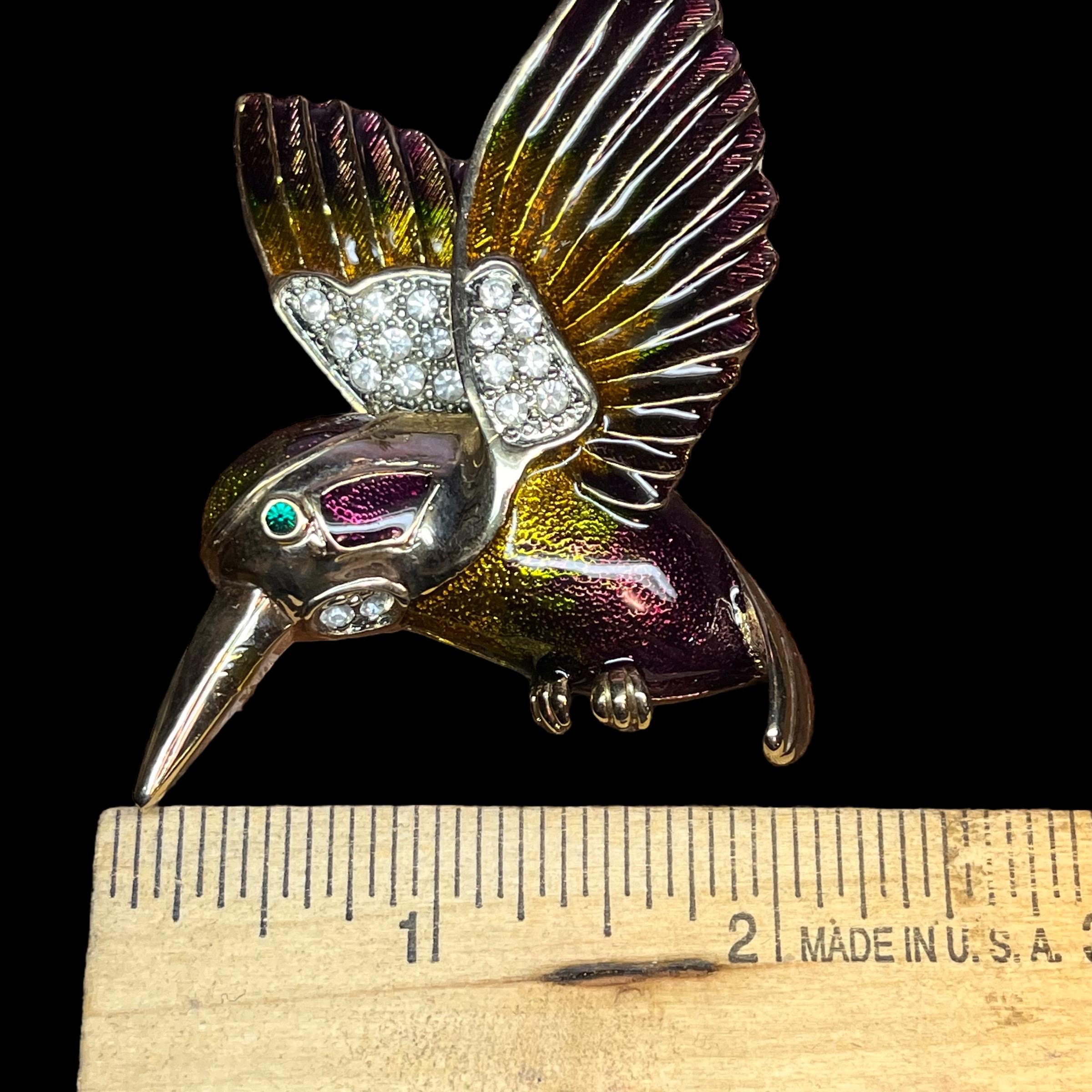 Vintage Enameled Hummingbird Pin, Bird Brooch, Gold Tone Statement Pin ...