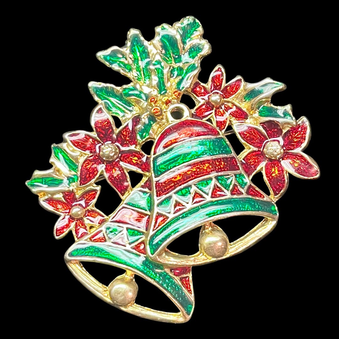 Bell Pin, Golden Christmas Bells Brooch, Poinsettia Flowers & Holly ...