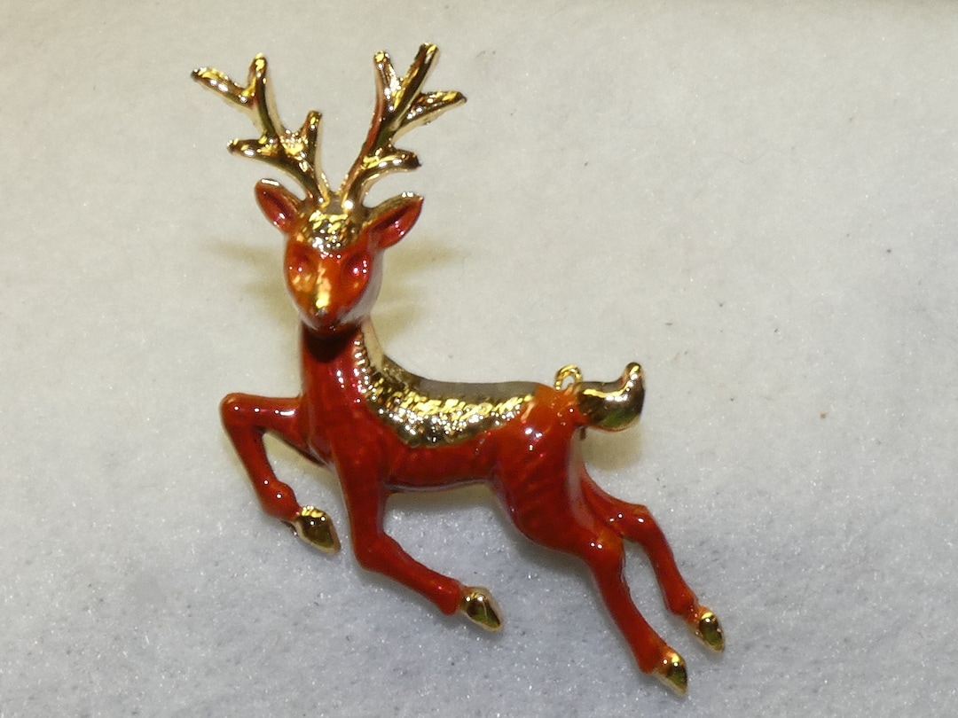 Reindeer Christmas Pin Leaping Red Reindeer Christmas Brooch Gold Tone ...