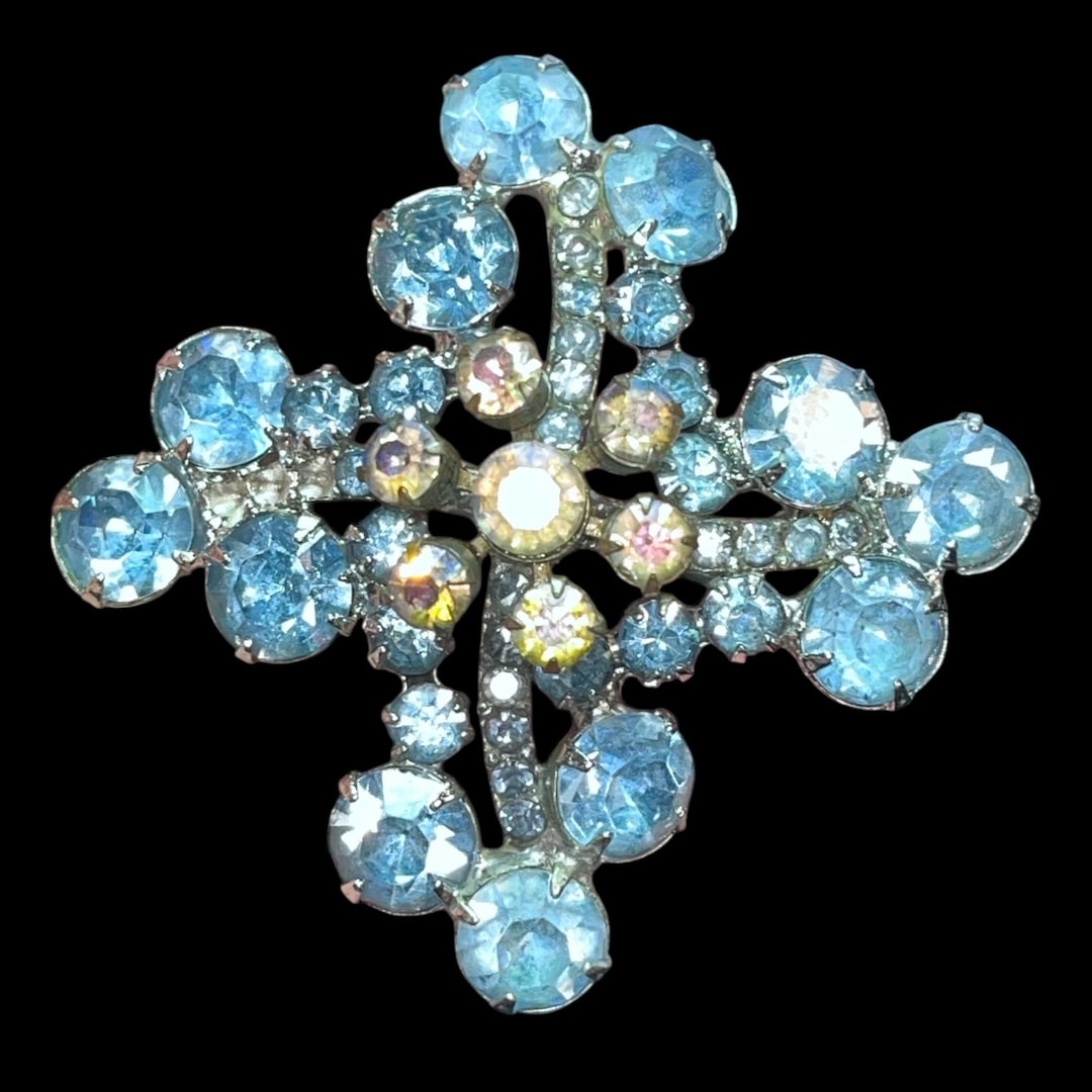 Vintage Blue Rhinestone Flower Brooch, Powder Blue Rhinestones ...