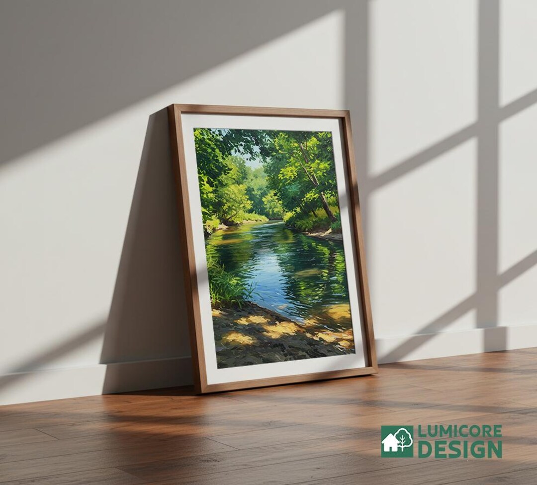 Serene River Landscape Painting, Original Forest Stream Art, Green ...
