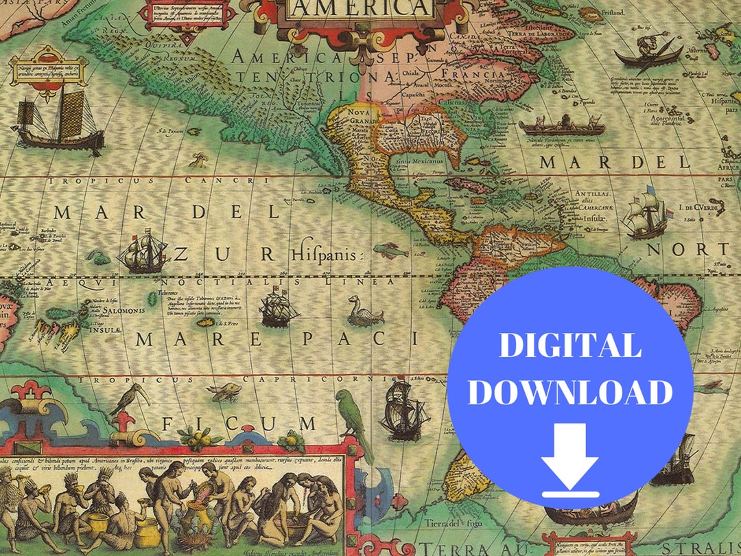 America Map, Old World Map, Digital Old World Map, Vintage World Map ...