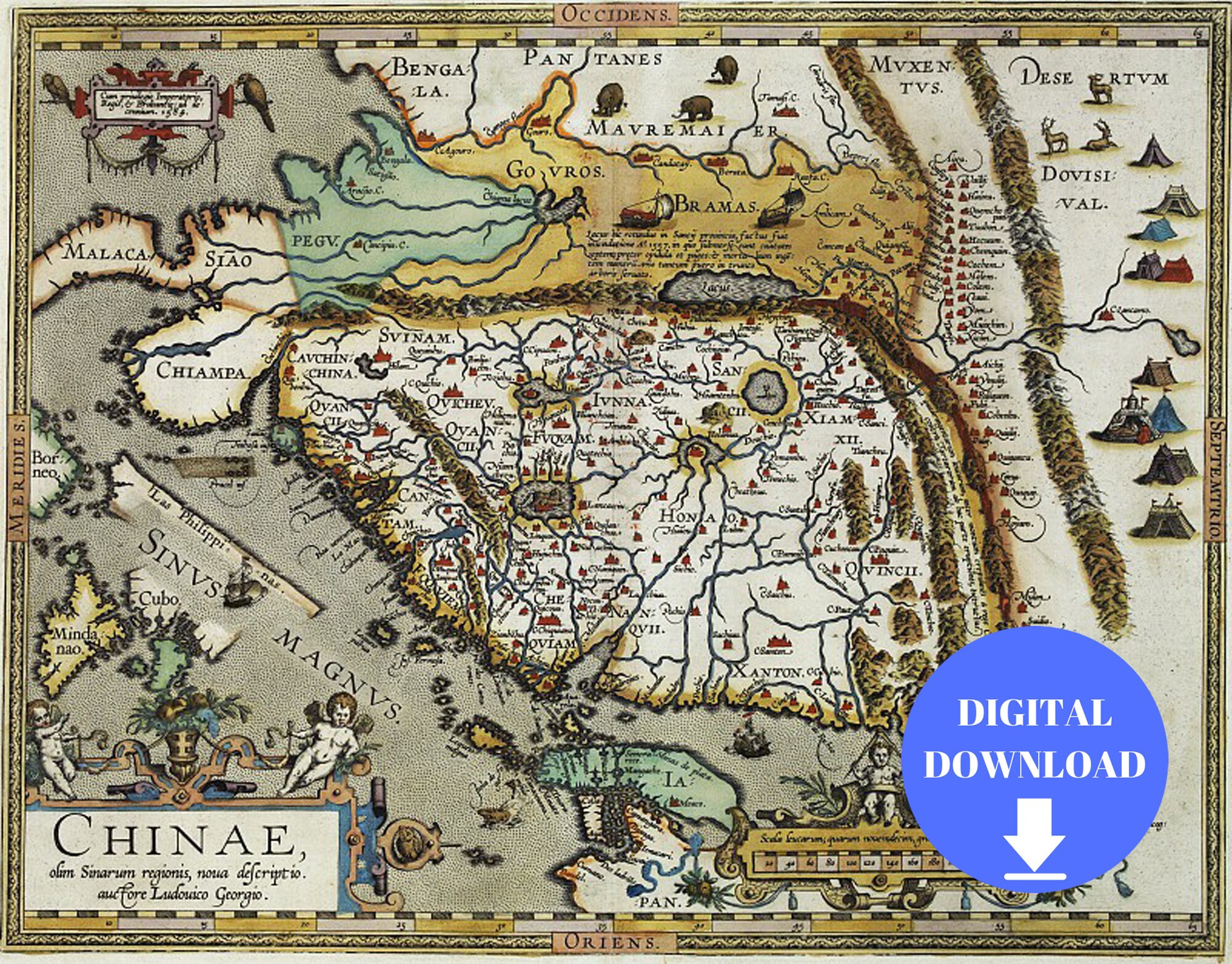 China Map, China Map Art, China Poster, Old World Map, Digital Old ...