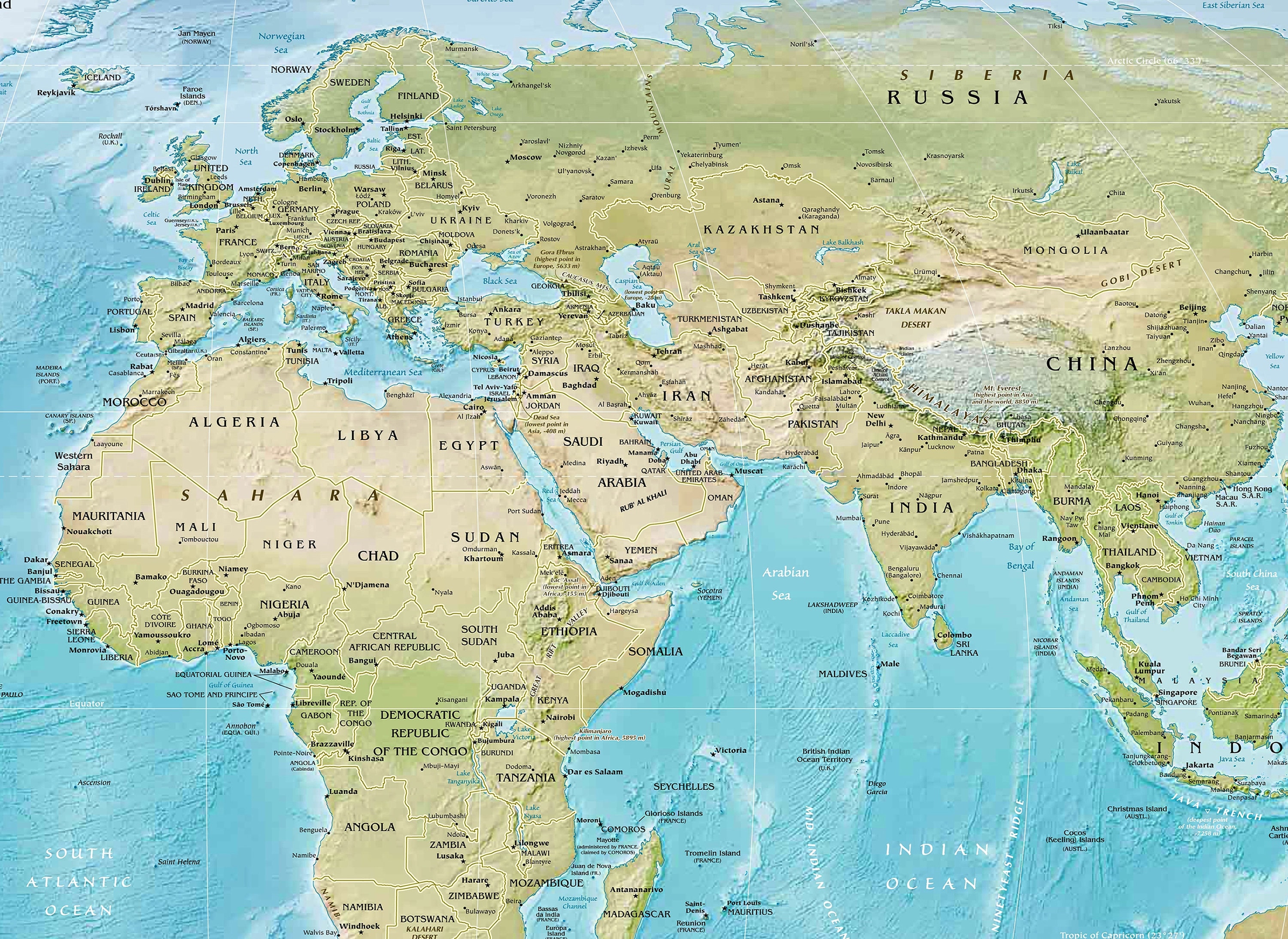 Eastern Hemisphere Physical Map