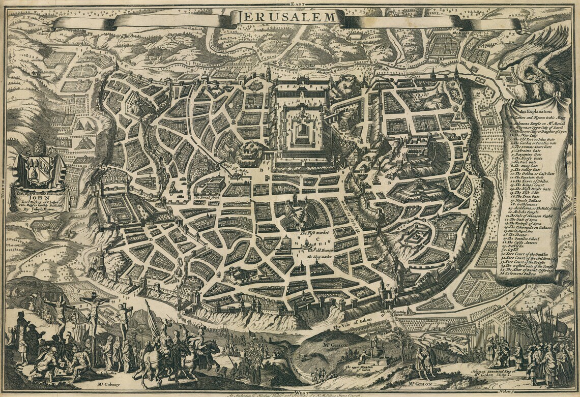 Old Map of Jerusalem Holy Land and Palestine, Jerusalem Map, Old ...