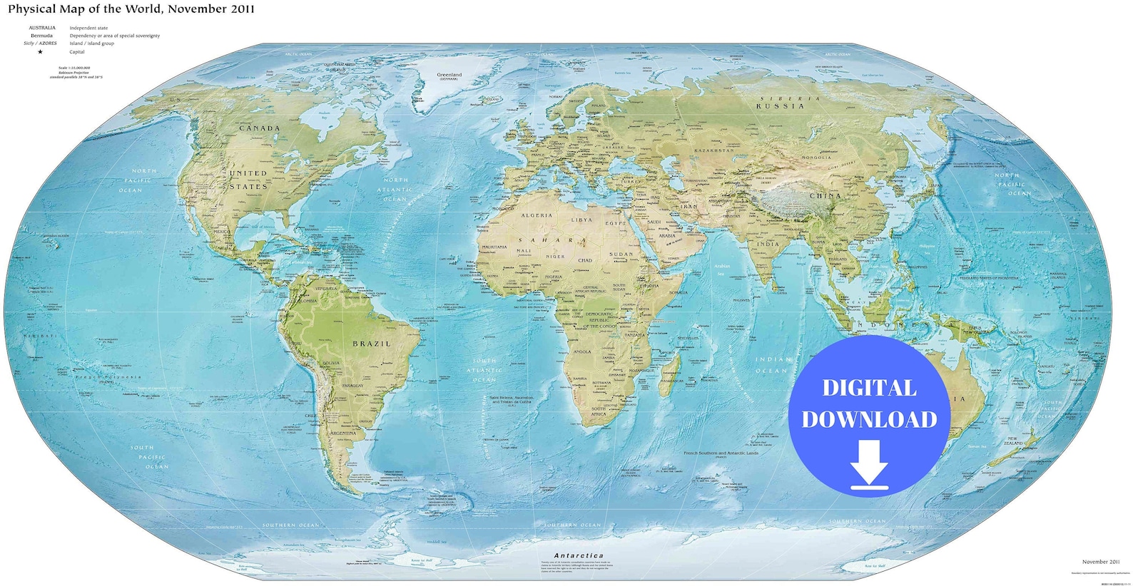 Physical Modern World Map, Digital Map Print, Poster Map, Map Wall Art ...