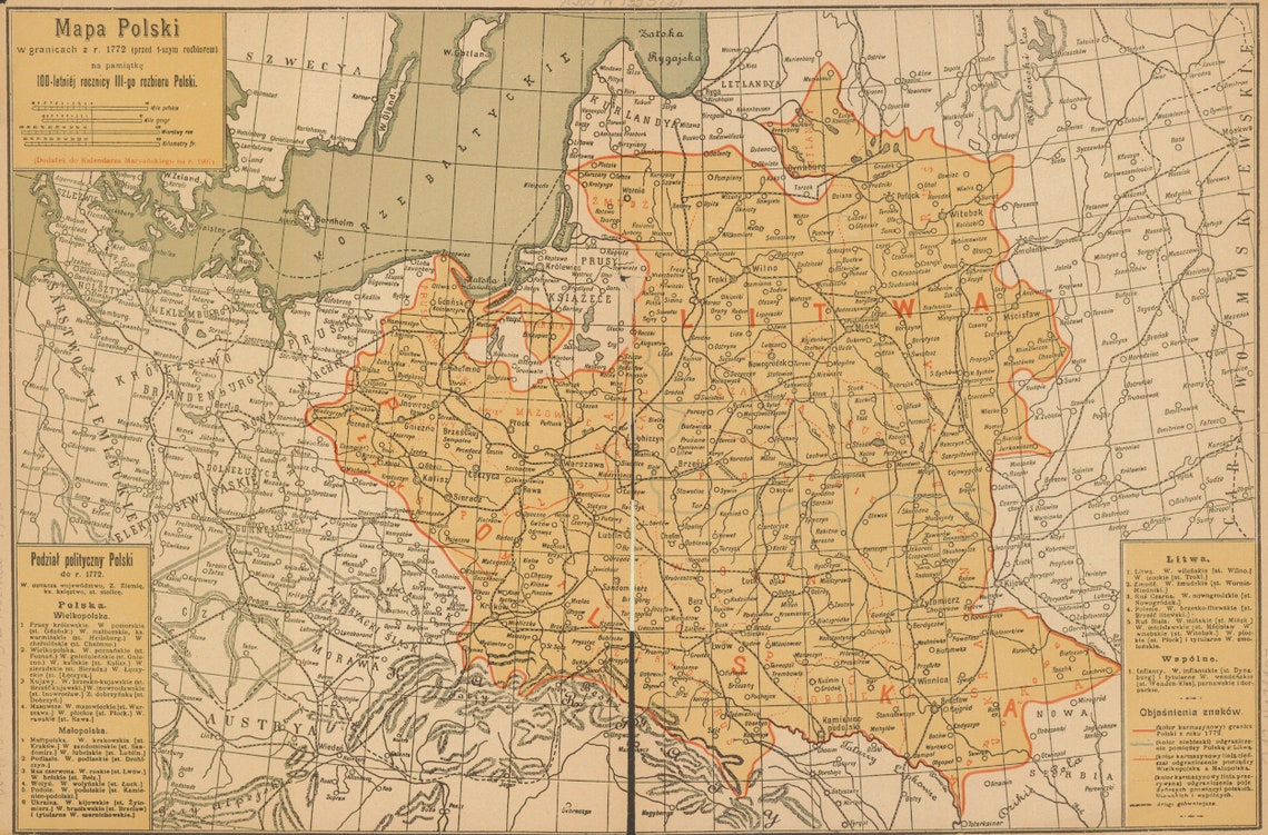 Mapa de Polonia dentro de las fronteras de 1772, Mapa vintage de ...