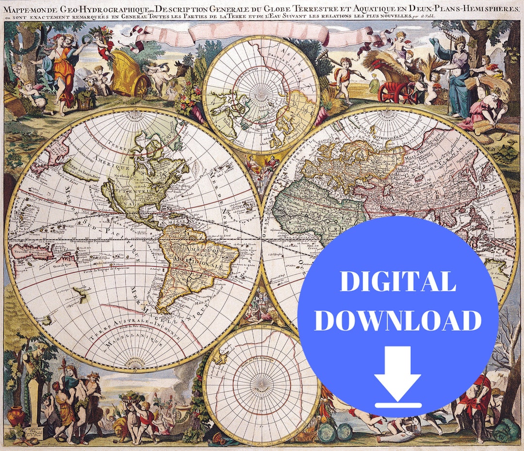 Antique World Map, Old World Map, Digital Map Print, Vintage Map ...