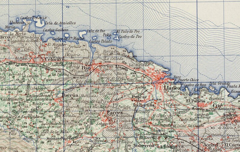Llanes Map, Map of Llanes, Llanes Print, Llanes City, Old Llanes Map ...